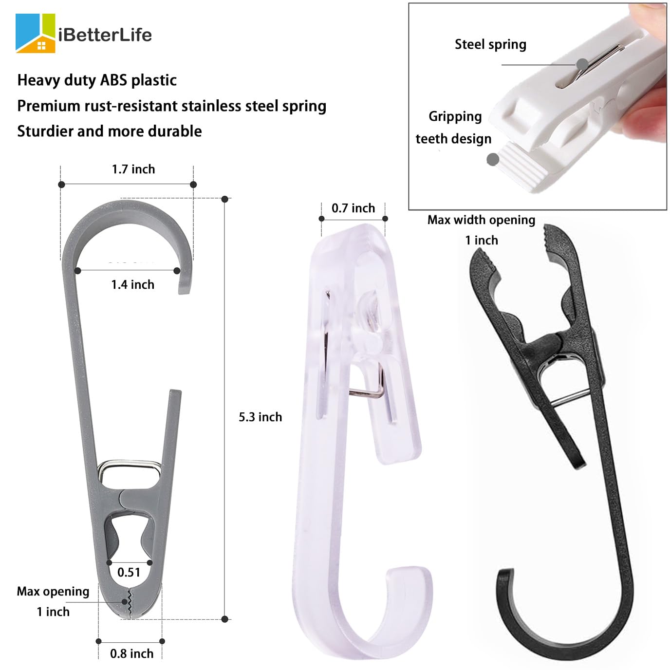 iBetterLife Clothes Pins Heavy Duty Outdoor - 8Pcs Large Laundry Hook Hangers with Clips Closet Organizer Clamps Hanging Socks Boot Bras Towels Shower Pegs for Bathroom Wardrobe Kitchen Office, Gray