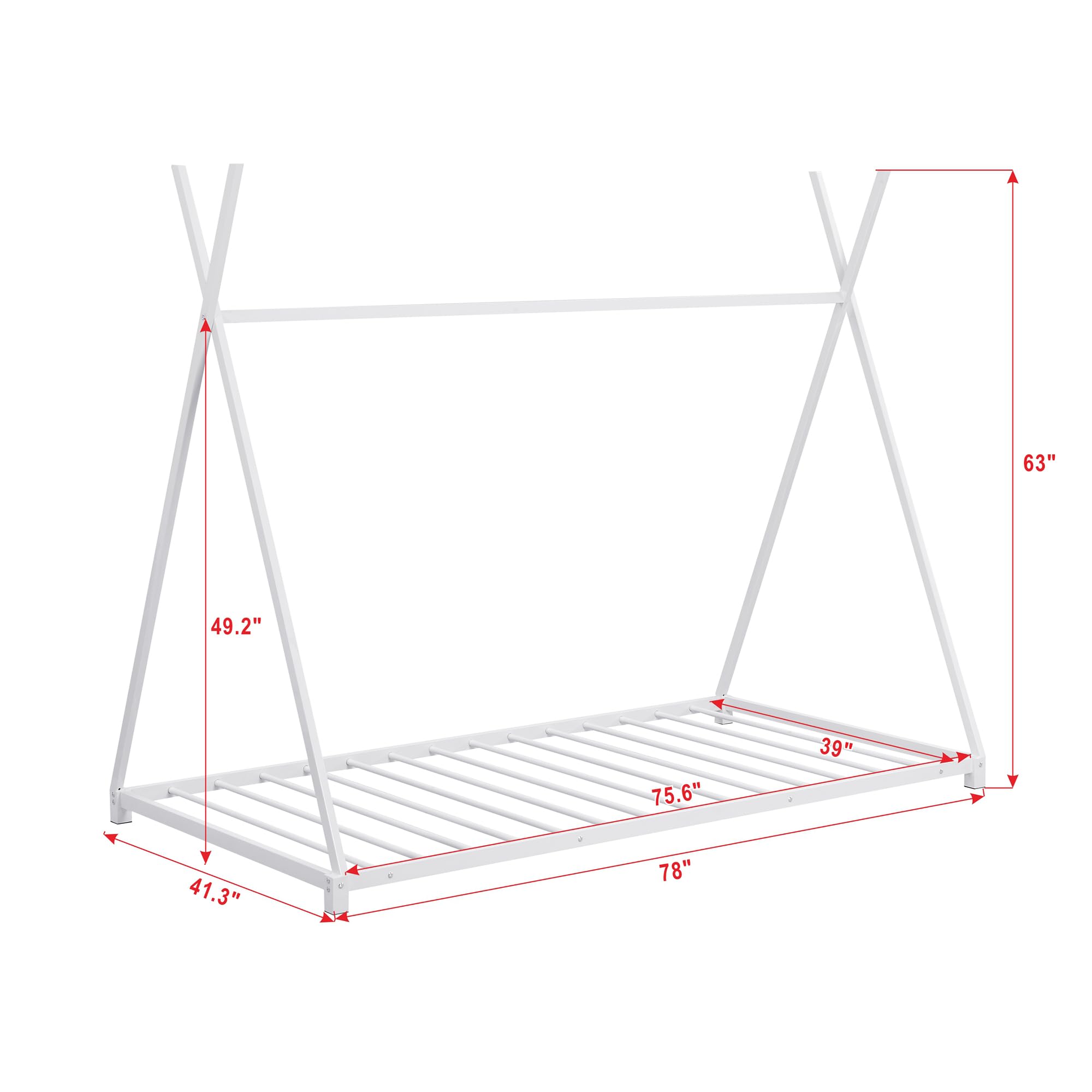 Harper & Bright Designs Twin Floor Bed for Kids, Montessori Bed, Playhouse Bed Frame, Twin Tent Complete Bed, Metal Floor Twin Bed for Kids, Boys, Girls, No Box Spring Needed (White, Twin)