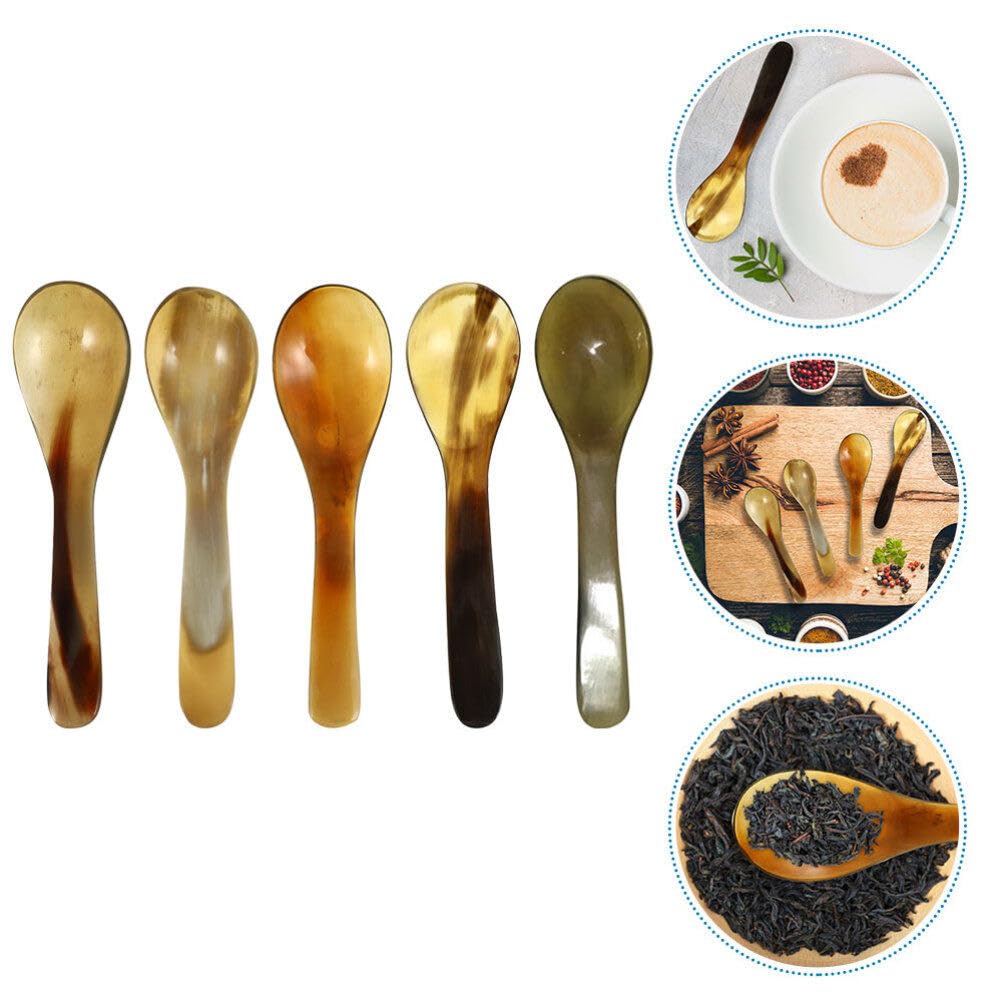 Uonlytech 5Pcs Buffalo Horn Caviar Spoons, Small Dessert Spoons Ox Horn Coffee Spoons Dinner Serving Spoon for Kitchen Flatware Supplies Coffee Spoon