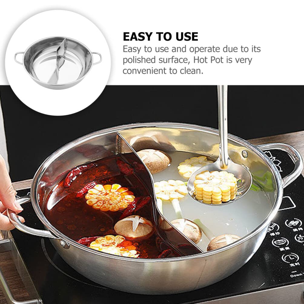 UPKOCH Stainless Steel Pot with Divider Weldless Hot Pot Two-flavor Soup Pot Shabu Shabu Pot Induction Cookware with Handle for Gas Electric Stove Cooking Pot 28cm