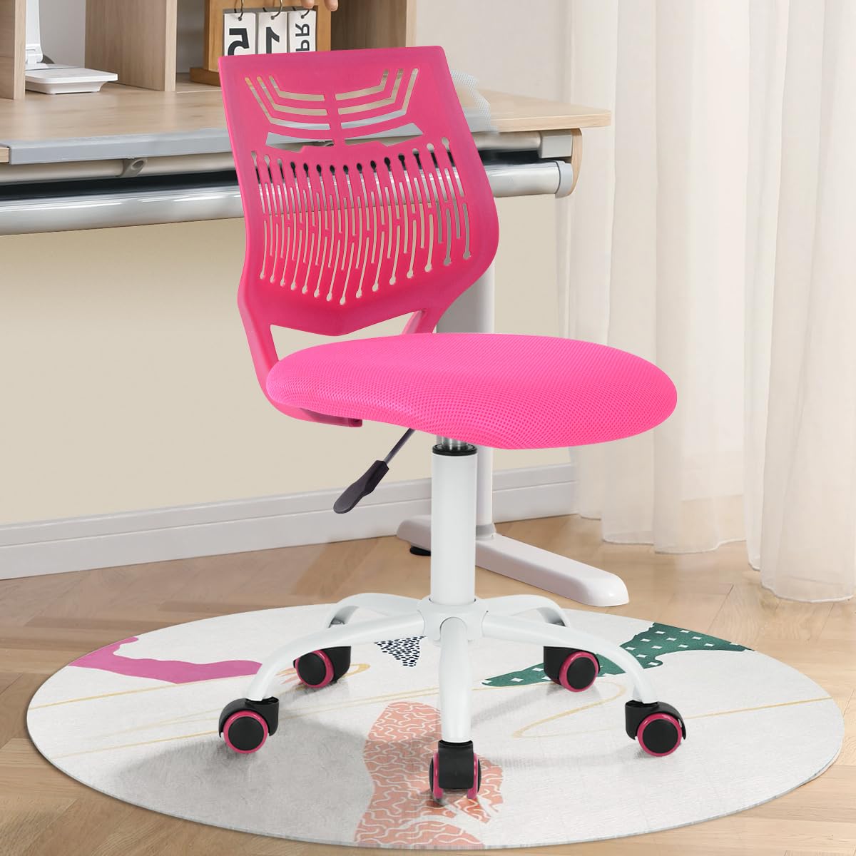 FurnitureR Desk Chair Armless Cute Home Office Desk Chair for Kids, Swivel Computer Task Chair Study Chair with Mesh Padded Cushion and Rolling Wheels for Child, Pink