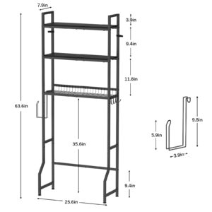 NOVIMANGO Over The Toilet Storage 3 Tier Over Toilet Bathroom Organizer Wooden Bathroom Space Saver Freestanding Above Toilet Stand with 4 Hooks Black Over The Toilet Rack for Restroom, Laundry