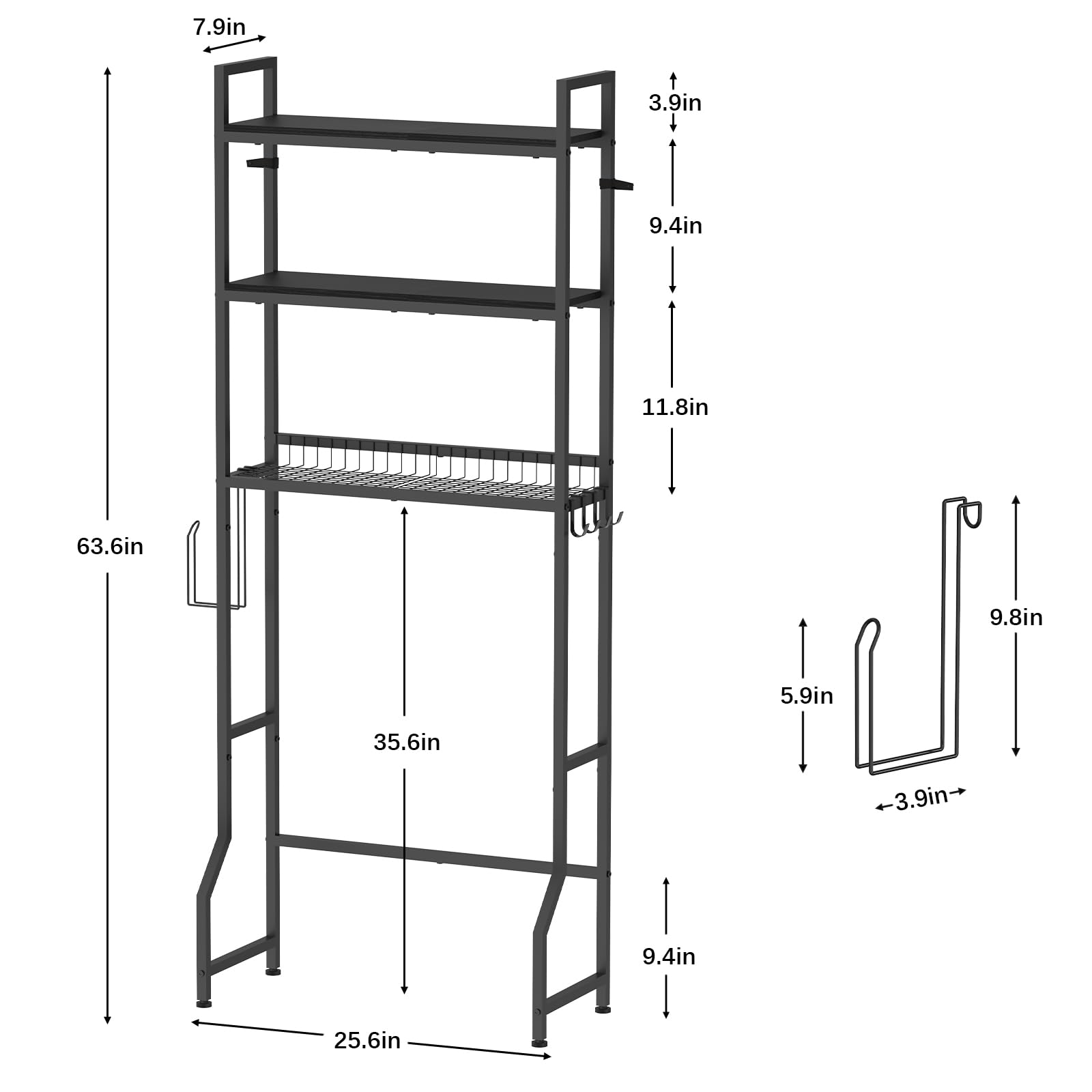 NOVIMANGO Over The Toilet Storage 3 Tier Over Toilet Bathroom Organizer Wooden Bathroom Space Saver Freestanding Above Toilet Stand with 4 Hooks Black Over The Toilet Rack for Restroom, Laundry