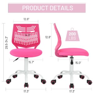 FurnitureR Desk Chair Armless Cute Home Office Desk Chair for Kids, Swivel Computer Task Chair Study Chair with Mesh Padded Cushion and Rolling Wheels for Child, Pink