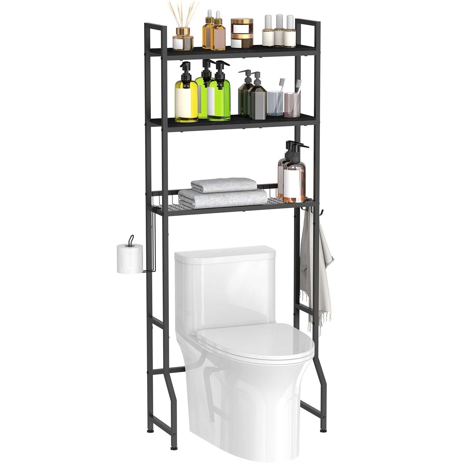 NOVIMANGO Over The Toilet Storage 3 Tier Over Toilet Bathroom Organizer Wooden Bathroom Space Saver Freestanding Above Toilet Stand with 4 Hooks Black Over The Toilet Rack for Restroom, Laundry