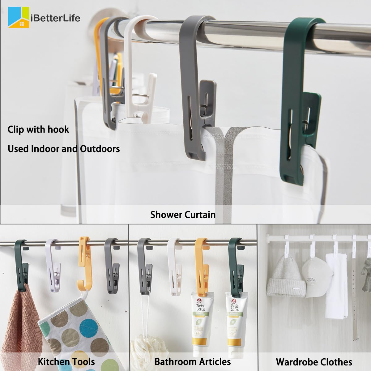 iBetterLife Clothes Pins Heavy Duty Outdoor - 8Pcs Large Laundry Hook Hangers with Clips Closet Organizer Clamps Hanging Socks Boot Bras Towels Shower Pegs for Bathroom Wardrobe Kitchen Office, Gray