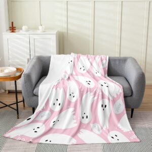 jejeloiu Pink Halloween Fuzzy Blanket Throw 50"x60" Cartoon Ghost Flannel Fleece Throw Blanket for Sofa Couch Kids Kawaii Cute All Season Bed Blanket Pink Plush Blanket