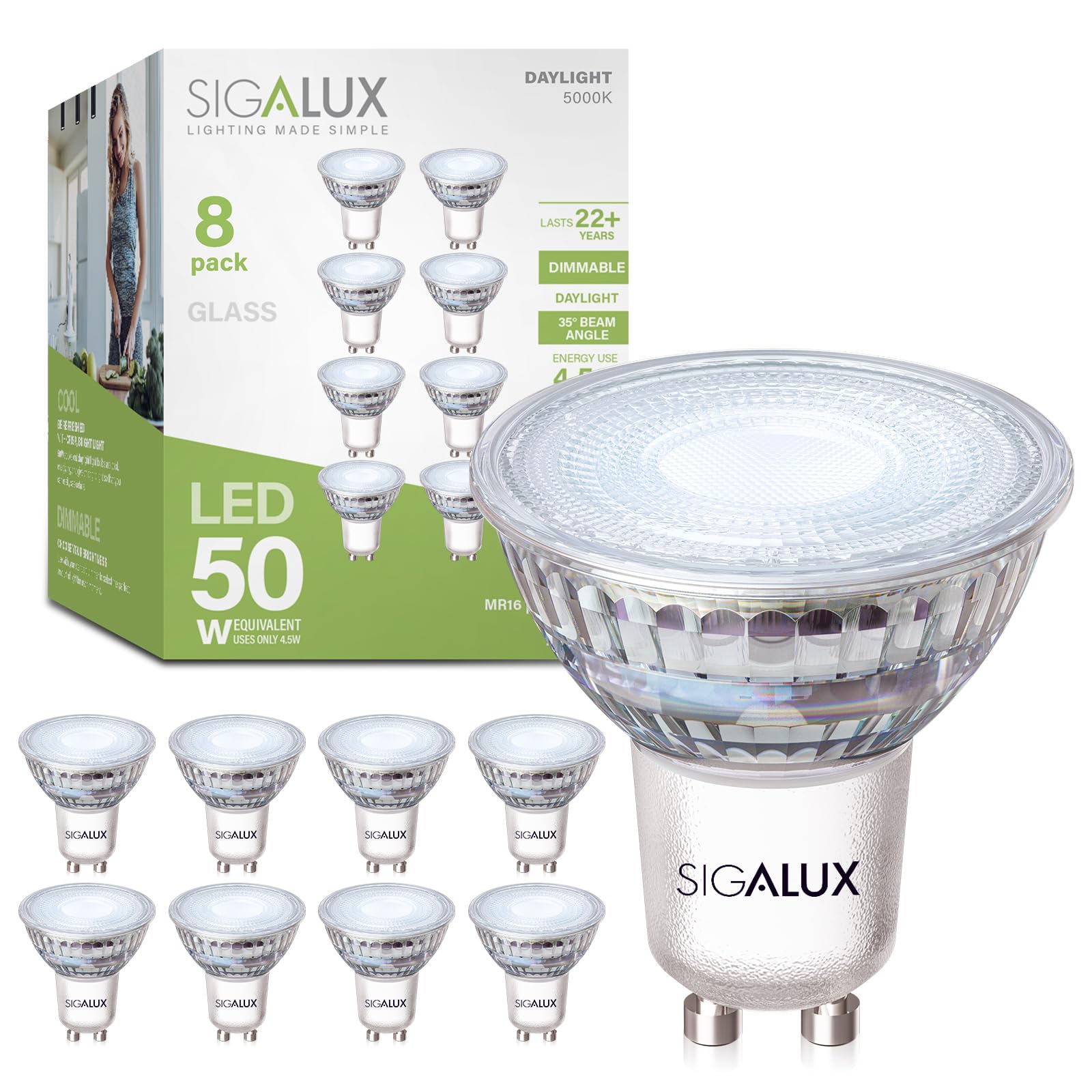 Sigalux GU10 LED Light Bulbs, Dimmable 5000K Daylight White Natural Light, 4.5W 450LM, MR16 LED Bulb Equivalent 50W Halogen Replacement, 35 Degree Spot for Track Light Bulb, Pack of 8