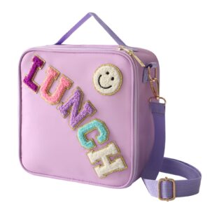 insulated lunch bag with adjustable shoulder strap, nylon preppy lunch box large insulated lunch bag reusable lunch tote bag with smiley preppy lunchbag for girls school travel picnic (purple)