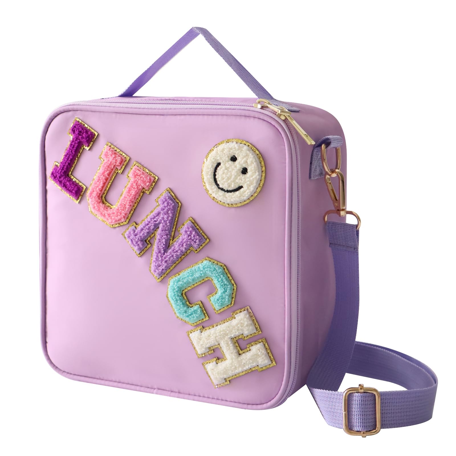 Insulated Lunch Bag With Adjustable Shoulder Strap, Nylon Preppy Lunch Box Large Insulated Lunch Bag Reusable Lunch Tote Bag with Smiley Preppy LunchBag for Girls School Travel Picnic (Purple)