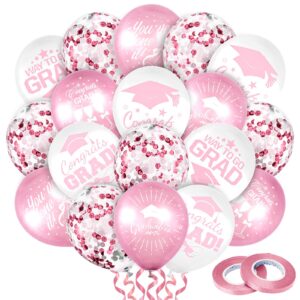 whaline 60pcs graduation party balloon set 7 designs confetti latex balloon with 2 rolls ribbon grad cap congrats grad balloon for graduation party decoration supplies (pink, white)