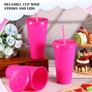 6 Pcs Reusable Tumbler with Lids and Straws Plastic Iced Coffee Tumbler Glitter Travel Mug Cup for Smoothie Juices Birthday Party Cold Drink Cup Coffee Cup Bulk for Adult Kid Women (Rose Red,24 oz)