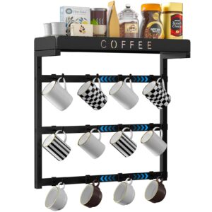 zddloinp aluminum alloy coffee mug holder wall mounted with 12 movable hooks, coffee cup holder with top shelf for coffee beans, sugar jar, mug rack for home kitchen display and collection