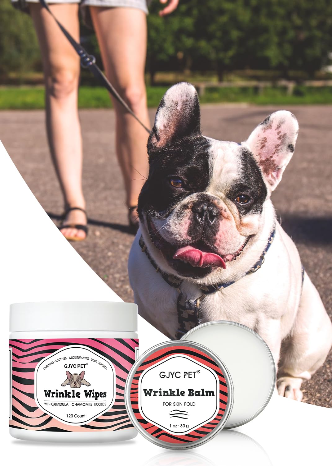 GJYC PET Wrinkle Wipes + Wrinkle Balm for Dogs | Bulldog, French Bulldog, Pug, English Bulldog | Cleans & Soothes Wrinkles, Folds, Tear Stain, Tail Pockets & Paws