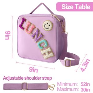 Insulated Lunch Bag With Adjustable Shoulder Strap, Nylon Preppy Lunch Box Large Insulated Lunch Bag Reusable Lunch Tote Bag with Smiley Preppy LunchBag for Girls School Travel Picnic (Purple)