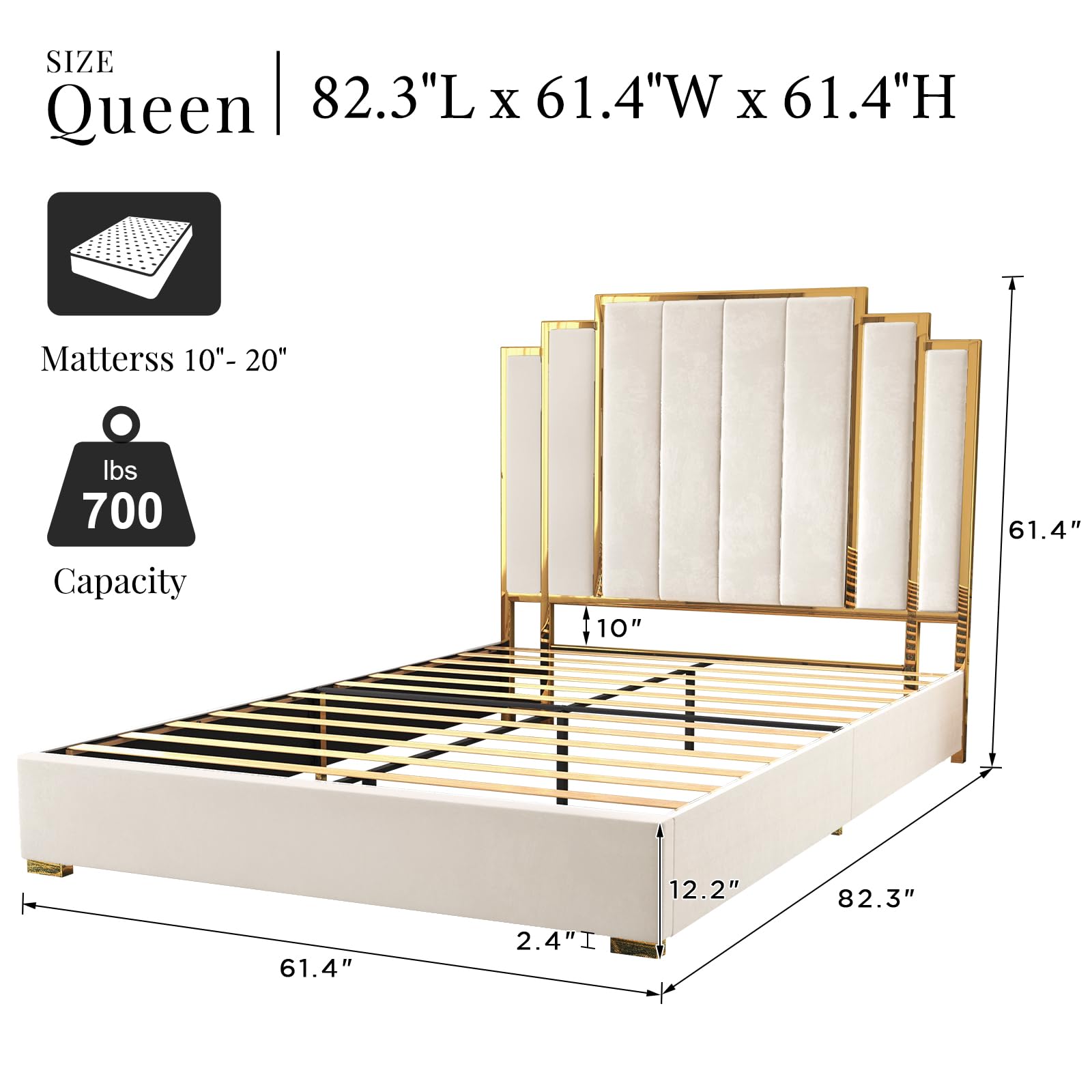 Albott Queen Size Platform Bed Frame, 61.4" Velvet Upholstered Bed with Gold Trim Headboard/Wooden Slats/No Box Spring Needed/Cream