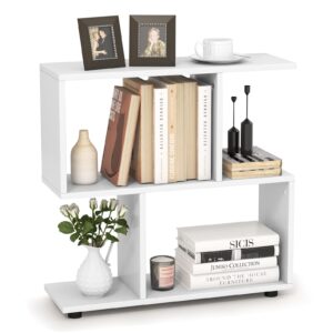 tangkula 2 tier geometric bookshelf, freestanding wood display shelf, home office decor room divider s shaped open bookcase, small bookshelf for small spaces, living room, study (white, 1)