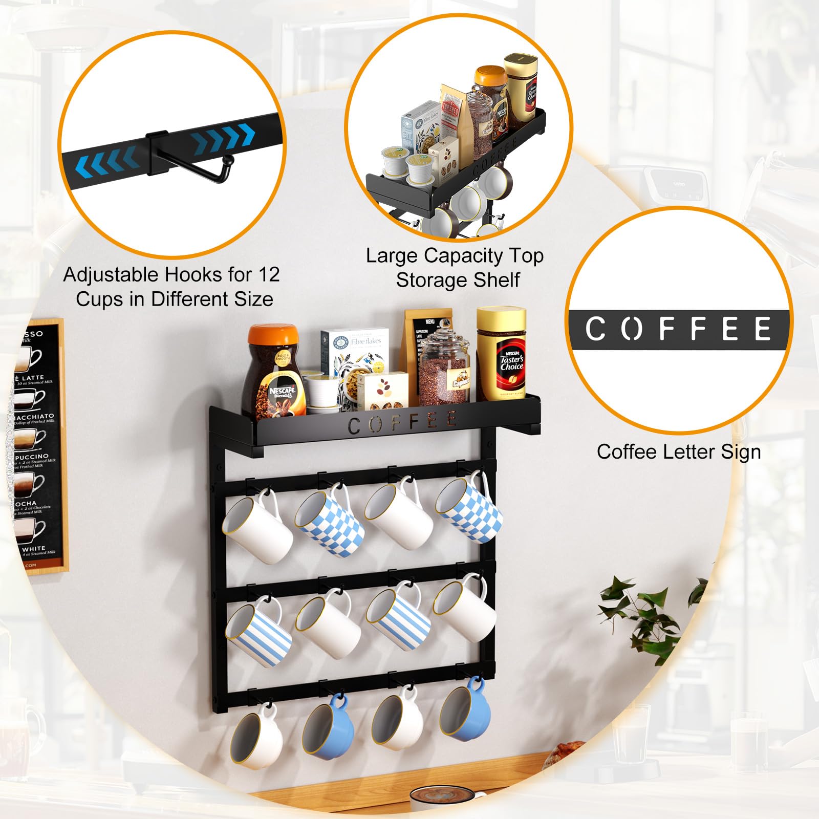 ZDDLOINP Aluminum Alloy Coffee Mug Holder Wall Mounted with 12 Movable Hooks, Coffee Cup Holder with Top Shelf for Coffee Beans, Sugar Jar, Mug Rack for Home Kitchen Display and Collection