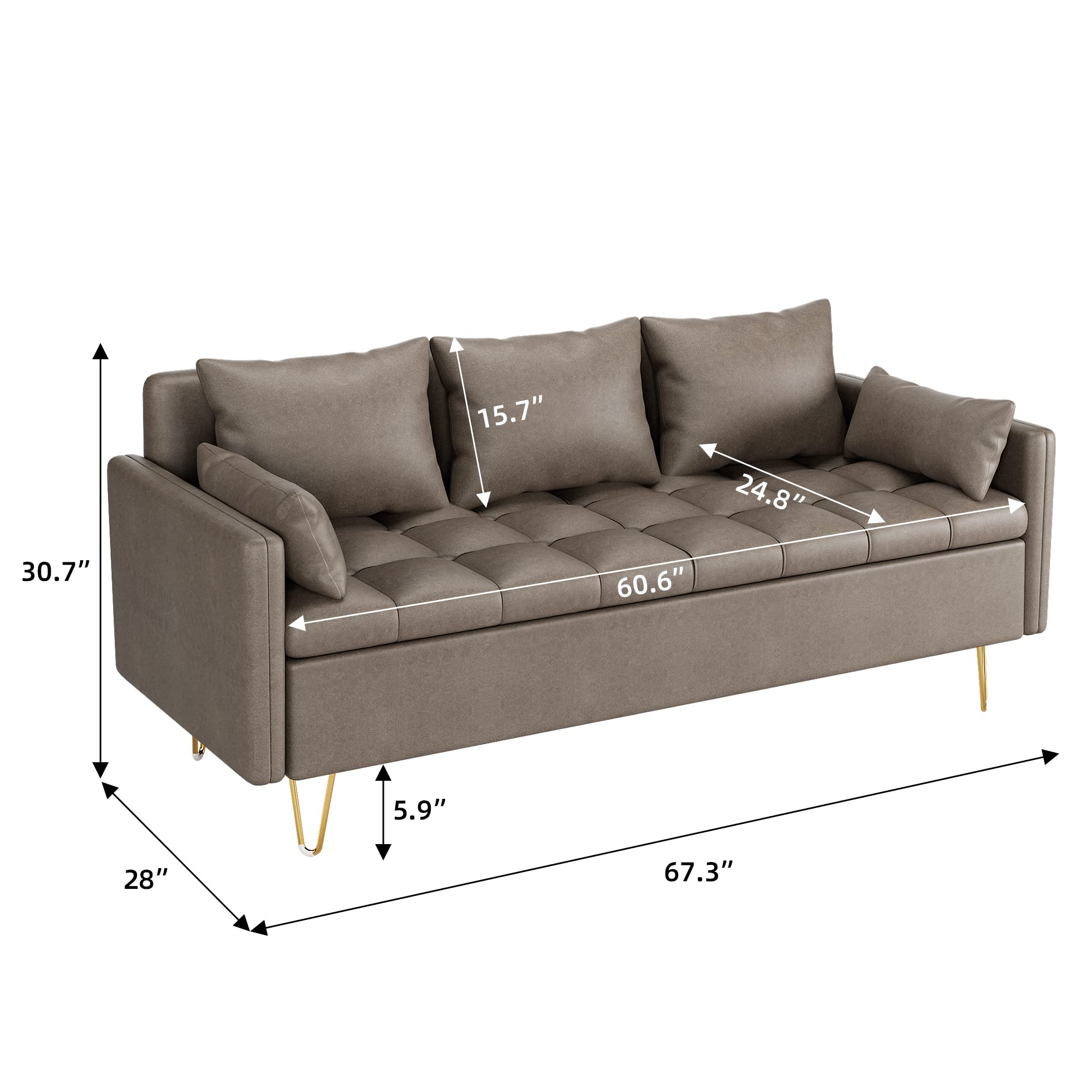 GAOMON Faux Leather Sofa, Couches with Metal Gold Legs, Lift-up Storage Box, and Hand Stitched Details - Versatile for Living Room or Bedroom in Dark Brown