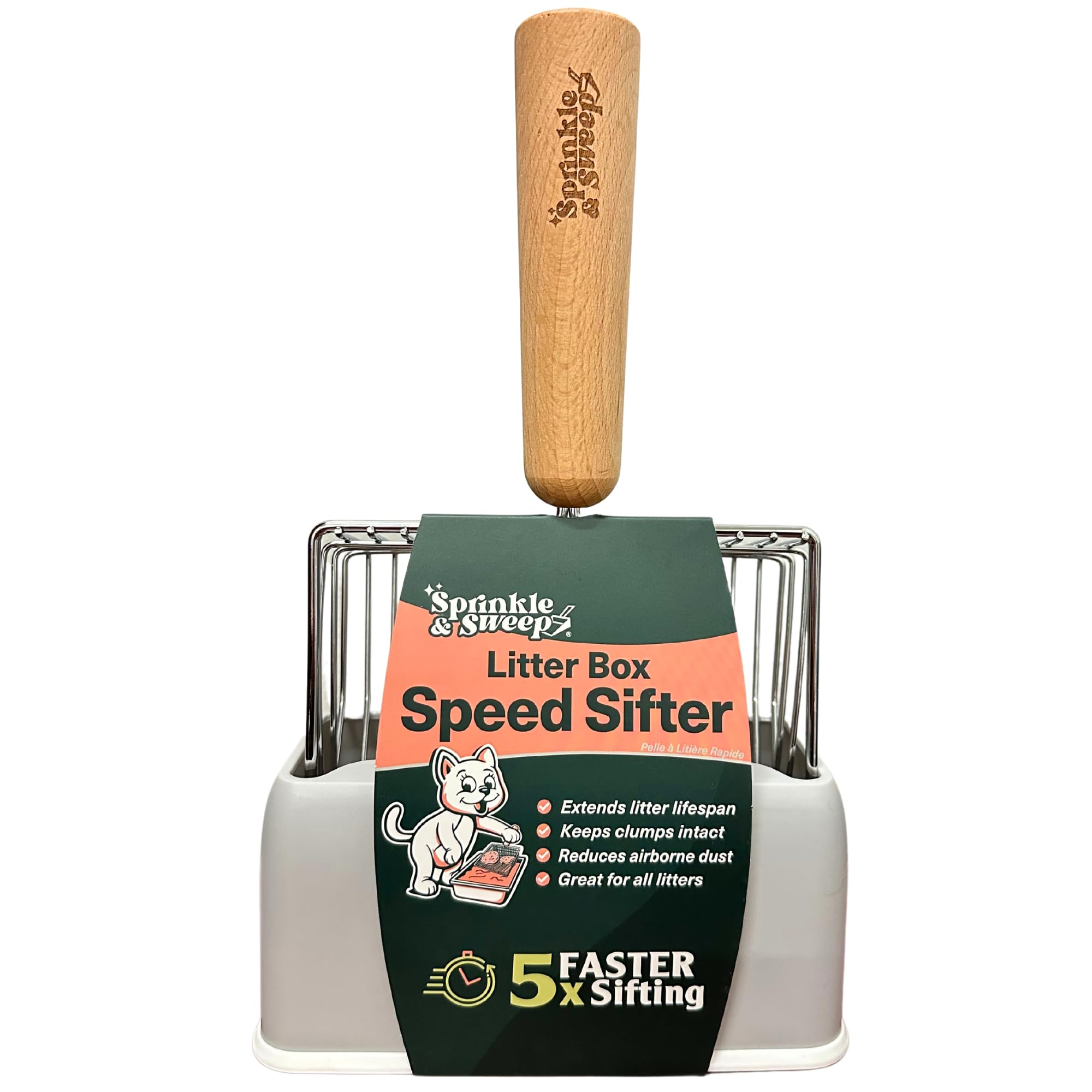 Sprinkle & Sweep Cat Litter Scoop - Heavy Duty Litter Scooper & Speed Sifter with Comfortable Beech Wood Grip - Metal Cat Litter Scoop, Washable Convenient Stand for Easy and Efficient Cleaning