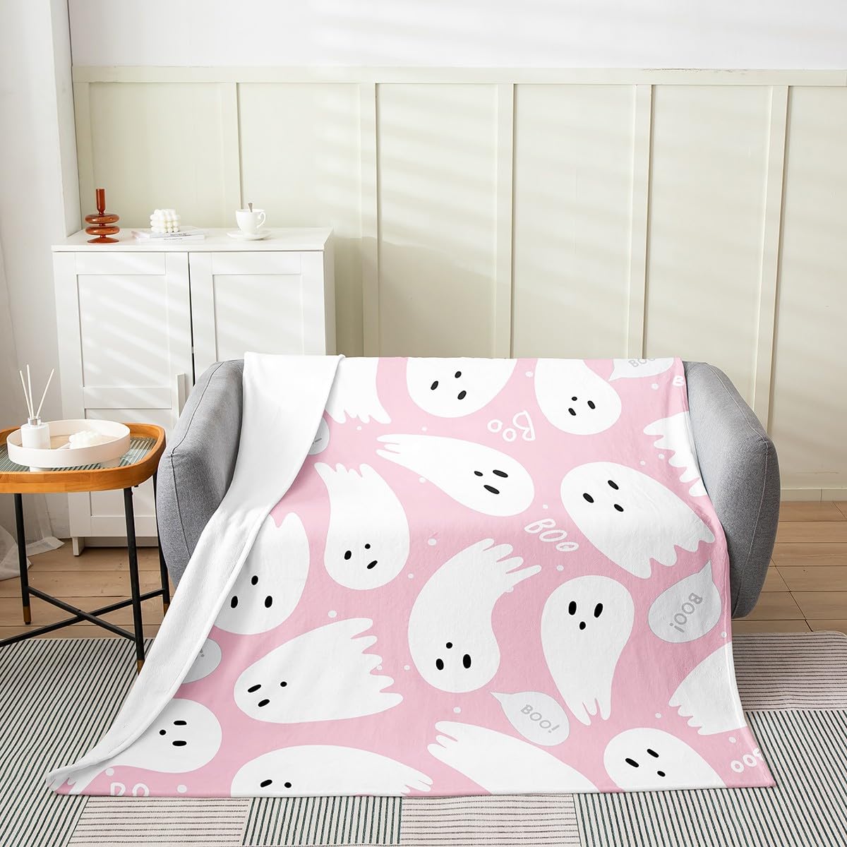 jejeloiu Pink Halloween Fuzzy Blanket Throw 50"x60" Cartoon Ghost Flannel Fleece Throw Blanket for Sofa Couch Kids Kawaii Cute All Season Bed Blanket Pink Plush Blanket