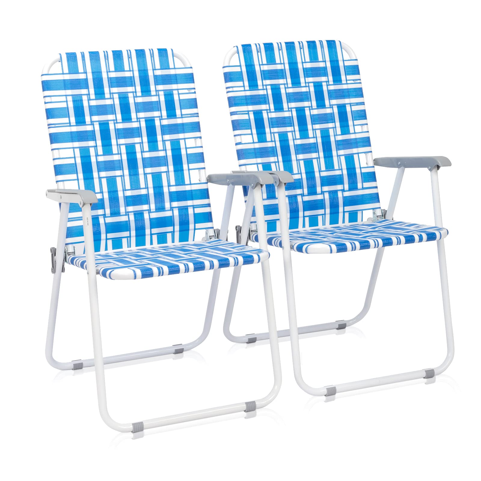 Set of 2 Patio Lawn Webbed Folding Chairs, Outdoor Beach Chair Portable Camping Chair, Webbed Folding Chair for Yard, Garden(Blue& White)