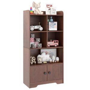 costzon kids toy storage cabinet, 43.5" tall bookcase w/ 5 open compartments & 2 doors, multifunctional display shelf home organizer for playroom, nursery, bedroom, living room, study (walnut)