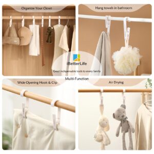 iBetterLife Clothes Pins Heavy Duty Outdoor - 8 Pcs Large Laundry Hook Hangers with Clips Closet Organizer Clamps Hanging Socks Boot Bras Towels Shower Pegs for Bathroom Wardrobe Kitchen Office