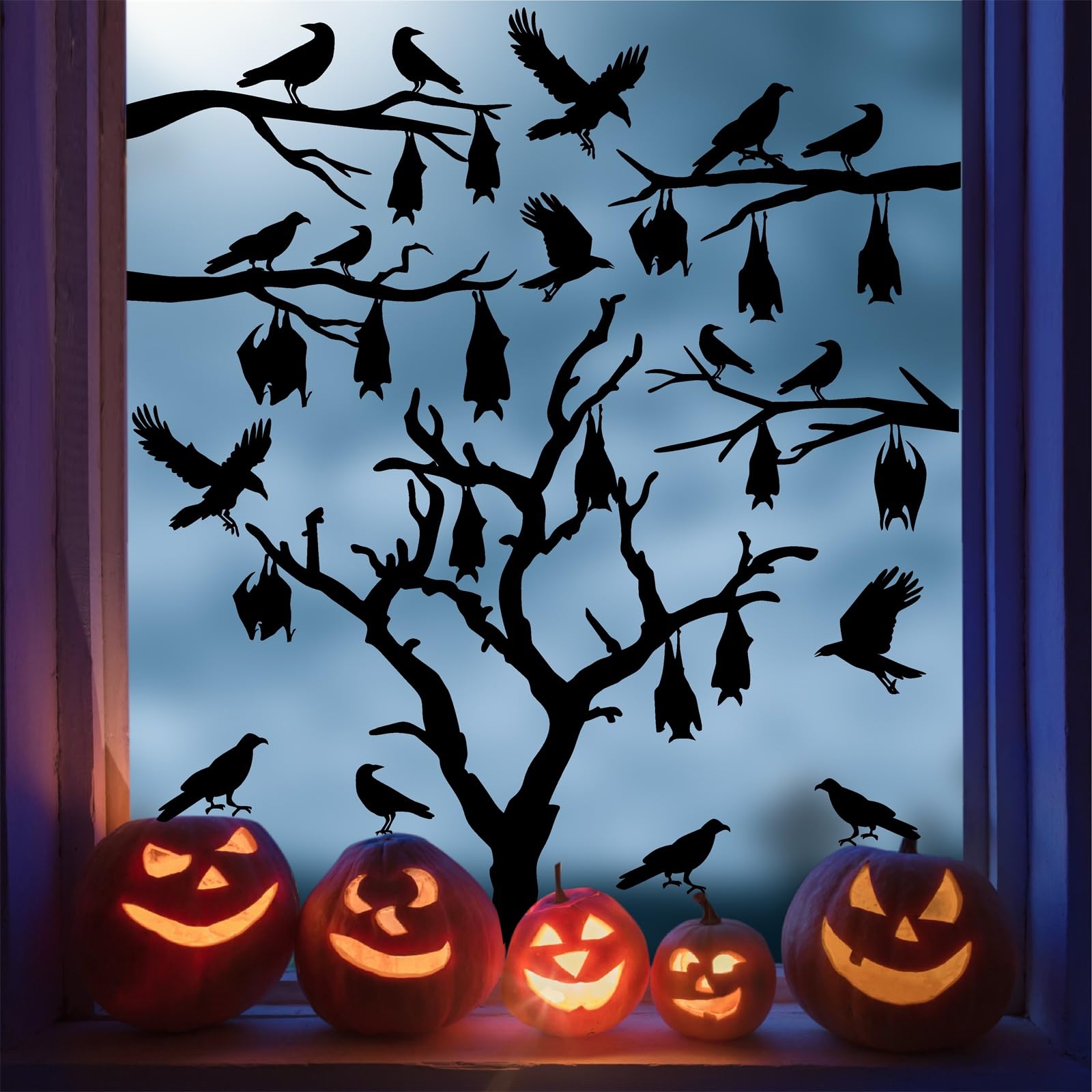 Large Halloween Window Stickers Halloween Tree Wall Decals Bats Stickers Black Bird Crow Decals Peel and Stick Vinyl Halloween Tree Branch Wall Art Sticker Halloween Wall Decor for Party Supplies Gift