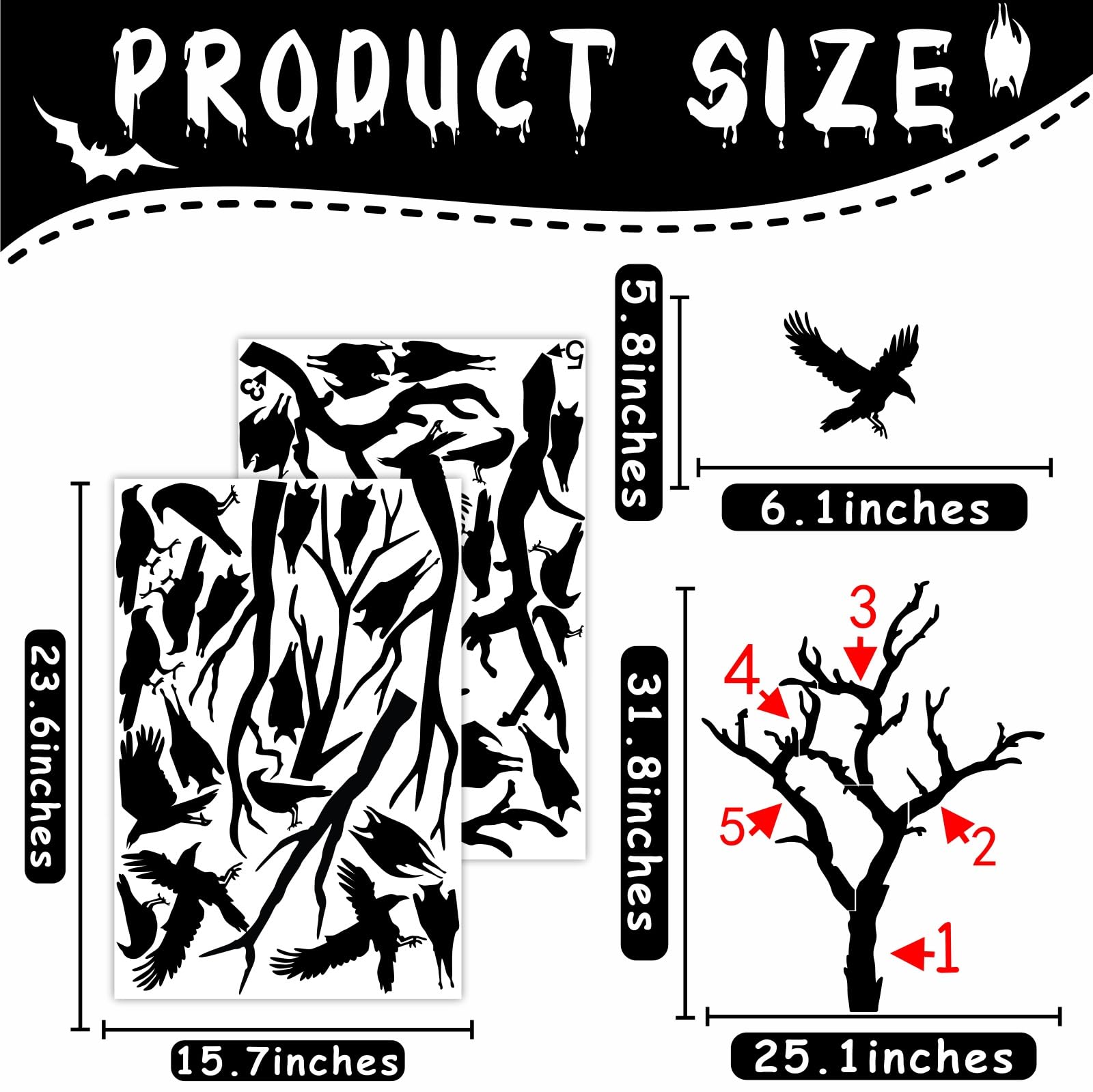 Large Halloween Window Stickers Halloween Tree Wall Decals Bats Stickers Black Bird Crow Decals Peel and Stick Vinyl Halloween Tree Branch Wall Art Sticker Halloween Wall Decor for Party Supplies Gift