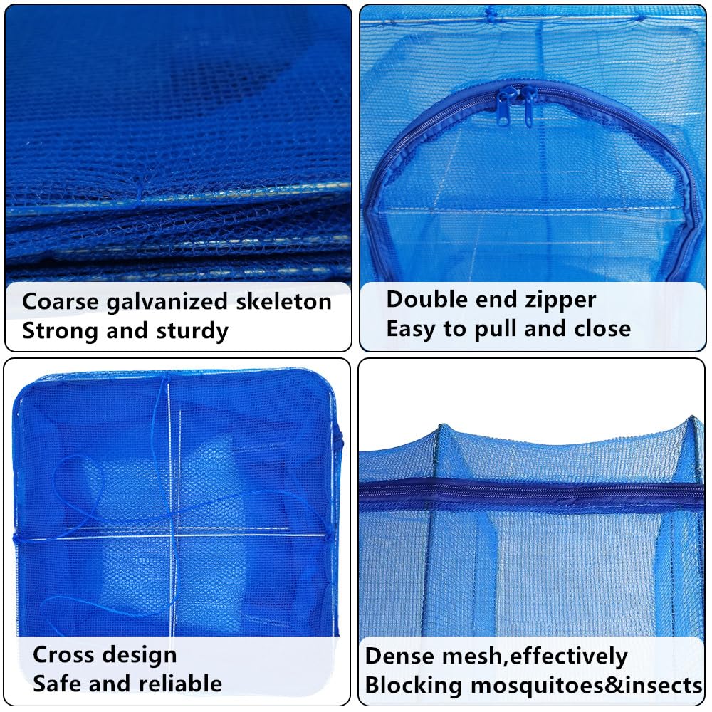 EarfnBabi Drying Rack Foldable Fishing Mesh 4 Layers Hanging Drying Fish Net Foldable Nylon Netting Dryer, for Seeds Fish Vegetables Fruit Herb Food Clothes, Zipper Opening Blue 13.77"x13.77"x23.62"