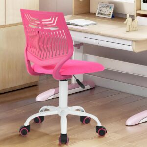 FurnitureR Desk Chair Armless Cute Home Office Desk Chair for Kids, Swivel Computer Task Chair Study Chair with Mesh Padded Cushion and Rolling Wheels for Child, Pink