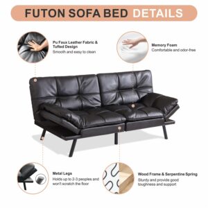 Opoiar Futon Sofa Bed, Memory Foam Futon, Convertible Futon Couch, Faux Leather Sofa Bed,Modern Loveseat Sofa,Comfy Sleeper Sofa for Compact Space,Apartment, Living Room,Easy Assemble,Black