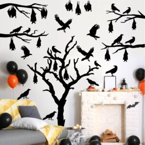 Large Halloween Window Stickers Halloween Tree Wall Decals Bats Stickers Black Bird Crow Decals Peel and Stick Vinyl Halloween Tree Branch Wall Art Sticker Halloween Wall Decor for Party Supplies Gift