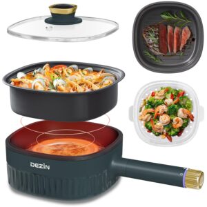 dezin hot pot electric 3l, non-stick electric pot with 2l grill pan & 2.5l steamer, 3-in-1 electric cooker with dual power level for dorm, family & friend gathering, 1000w rapid pot