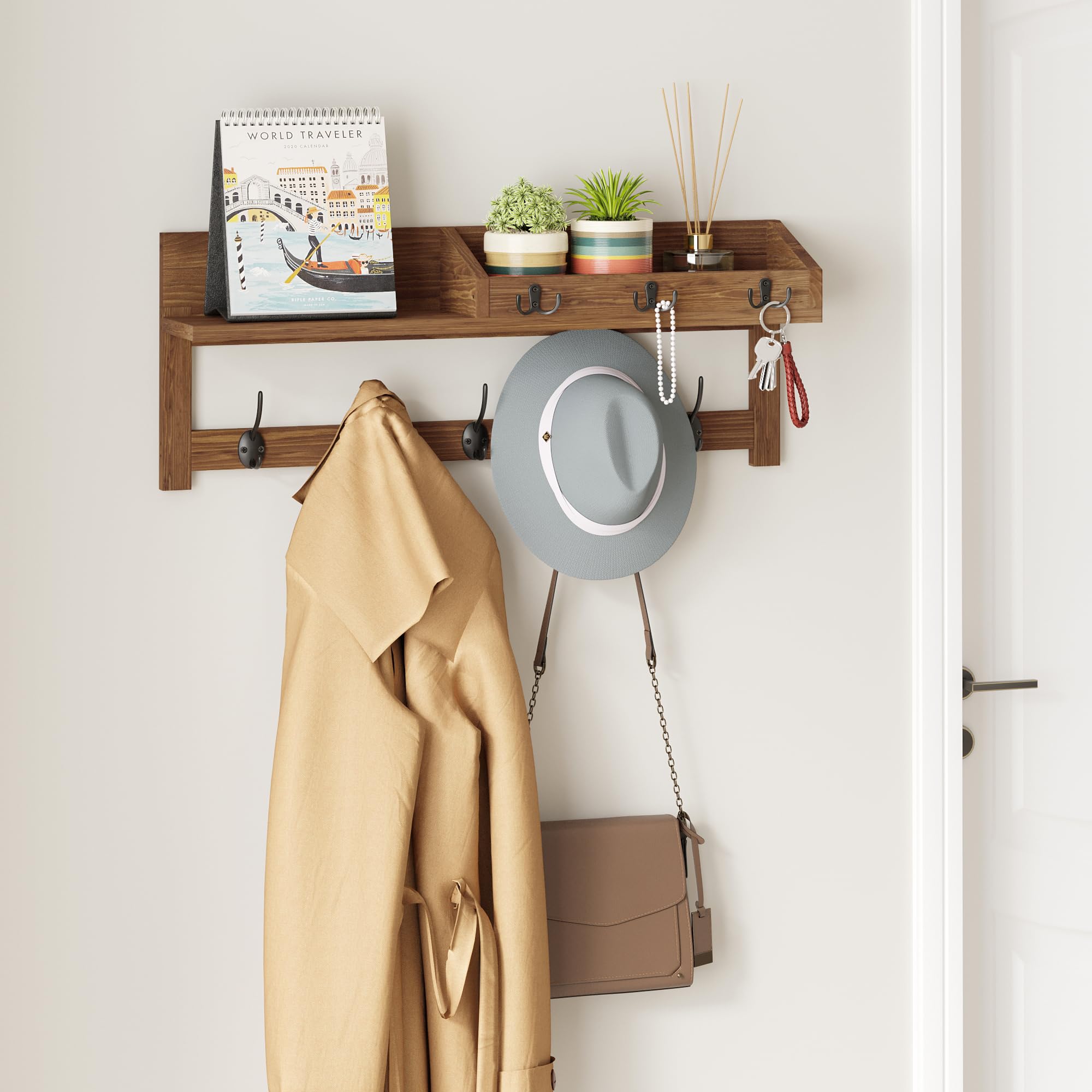 AMBIRD Wall Hooks with Shelf 26.57inch Entryway Wall Hanging Shelf Wood Coat Hooks for Wall with Shelf Coat Rack Wall Mount Rack with 5 Dual Hooks 3 Key Hooks Mail Organizer and Key Rack Key Holder