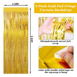 3 Pack Party Backdrop Decorations, 3.28 x 9.84 ft Gold Birthday Backdrop Tinsel Curtain Backdrop Birthday Decor Party Streamers Party Supplies for Birthday Wedding Graduation Bachelor Party