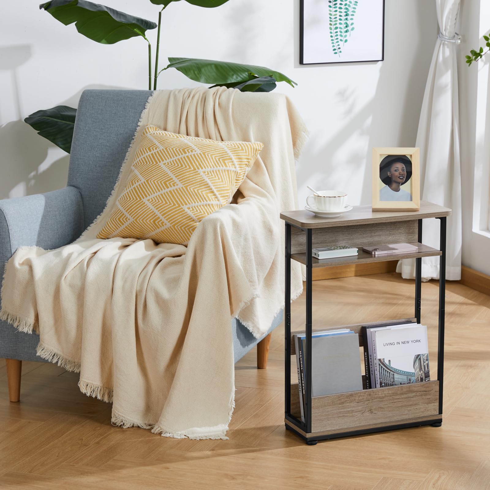 Vintage Narrow Side Table with Storage Shelf, 3 Tier Slim End Table Modern Sofa Table for Narrow and Small Spaces, 24.6 Inch Height Bedside Table Small Nightstand with Magazine Rack (Oak)