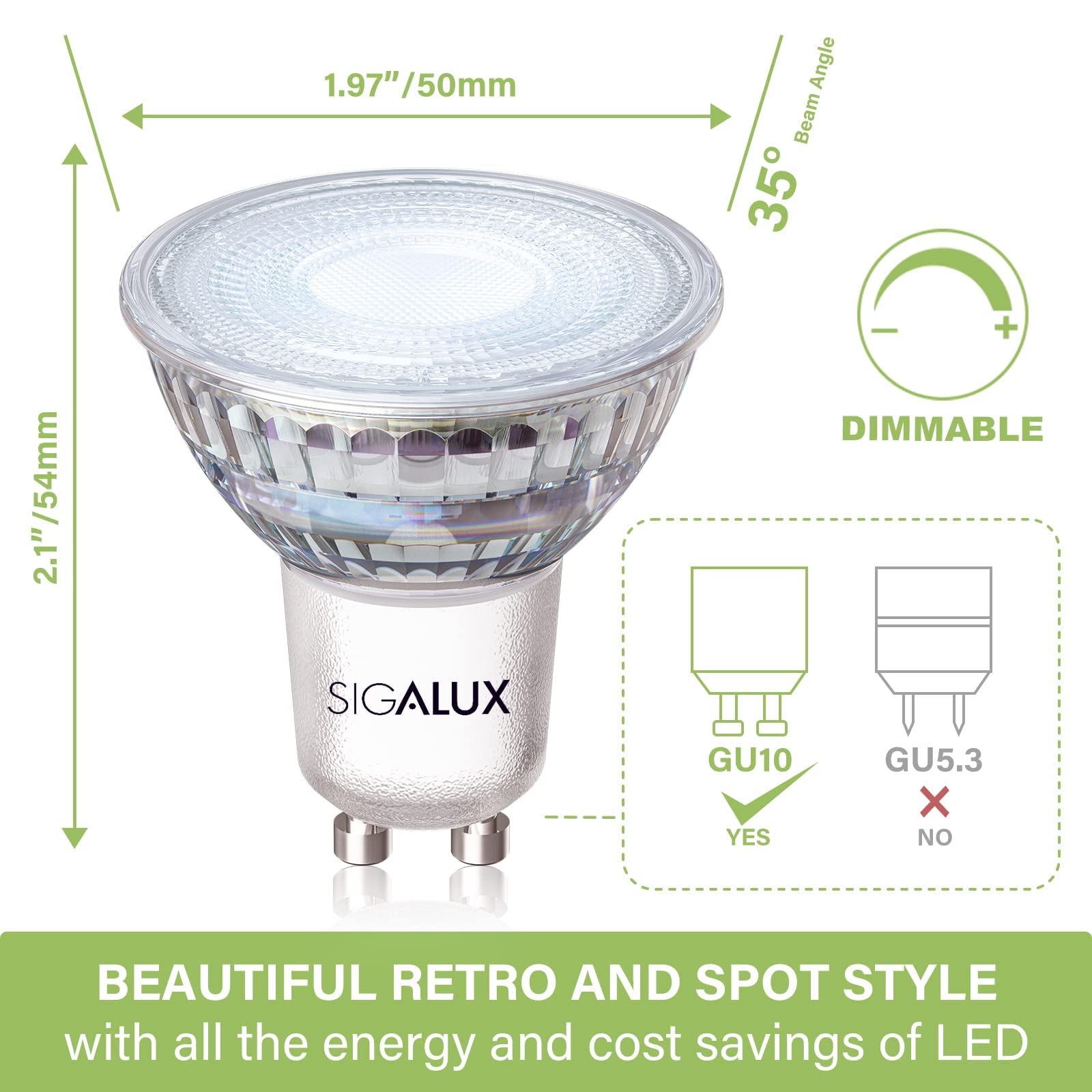 Sigalux GU10 LED Light Bulbs, Dimmable 5000K Daylight White Natural Light, 4.5W 450LM, MR16 LED Bulb Equivalent 50W Halogen Replacement, 35 Degree Spot for Track Light Bulb, Pack of 8