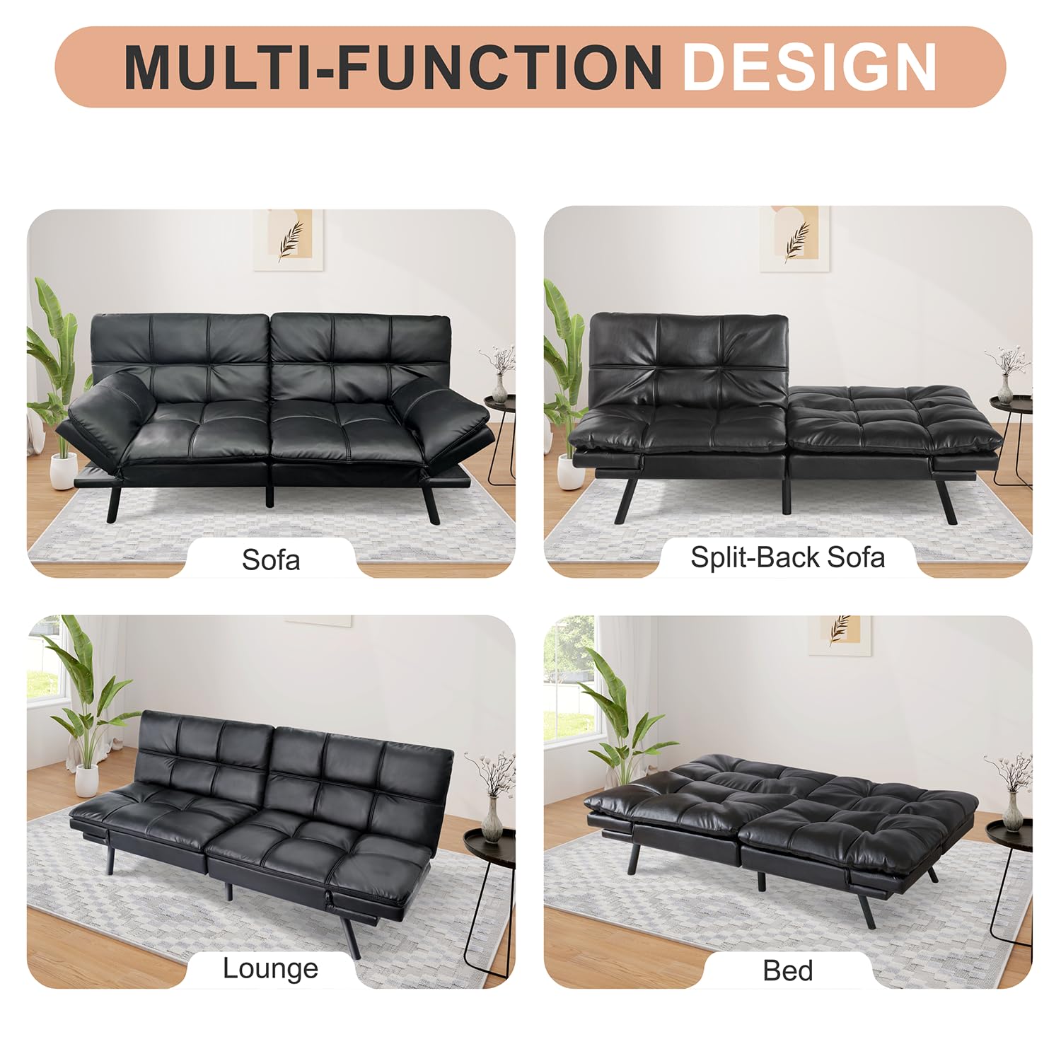 Opoiar Futon Sofa Bed, Memory Foam Futon, Convertible Futon Couch, Faux Leather Sofa Bed,Modern Loveseat Sofa,Comfy Sleeper Sofa for Compact Space,Apartment, Living Room,Easy Assemble,Black