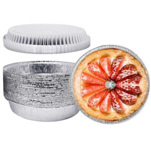 luckmeta 8'' inch round tin foil pans disposable aluminum pans with clear lids (30 pack), freezer & oven safe - for baking, cooking, storage, roasting, & reheating, recyclable, pack of 30