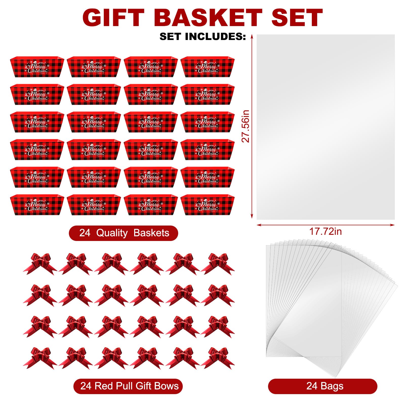 Cholemy 72 Pcs Christmas Gift Baskets Empty to Fill Kit DIY Basket for Gifts Empty Bulk 24 Market Tray Favor with Handles 24 Clear Basket Bags 24 Bows for Xmas Holiday Birthday(Buffalo Plaid)