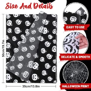 Whaline 60 Sheet Halloween Tissue Paper Black and White Wrap Tissue Paper with Cobweb Bat Pumpkin Pattern Gift Wrapping Paper for Fall Halloween Party Gift Packing DIY Craft, 13.8 x 19.7 Inch