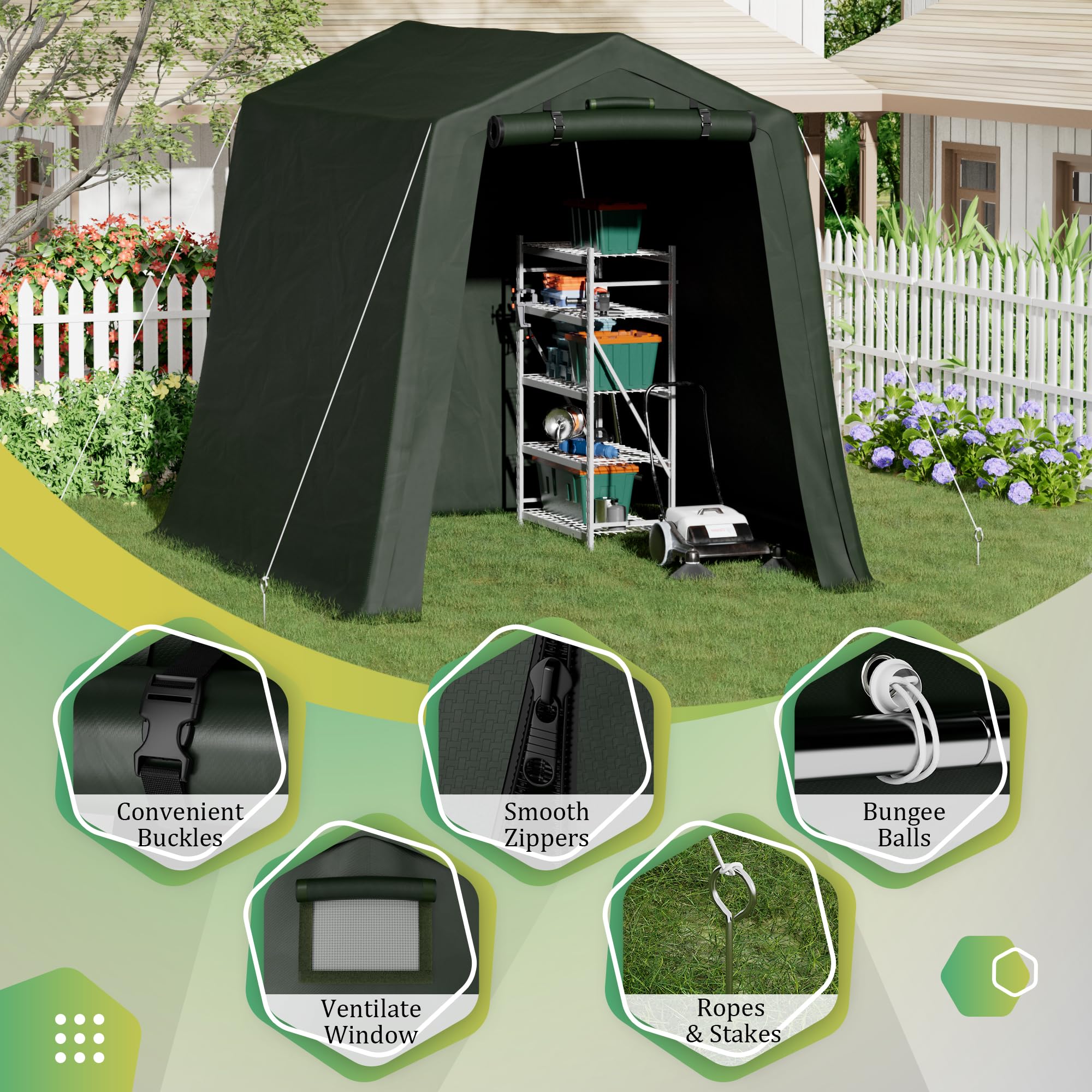 Greesum 6 x 6 ft Storage Shed Canopy Portable Shelter Heavy Duty Outdoor Carport with Roll-up Zipper Door for Bike, Motorcycle, Garden Storage, Waterproof and UV Resistant, Green