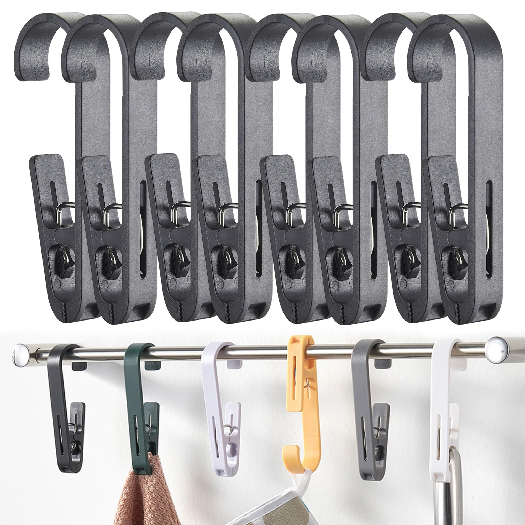 iBetterLife Clothes Pins Heavy Duty Outdoor - 8Pcs Large Laundry Hook Hangers with Clips Closet Organizer Clamps Hanging Socks Boot Bras Towels Shower Pegs for Bathroom Wardrobe Kitchen Office, Black