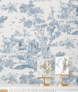 peel and stick wallpaper blue and white wallpaper toile removable self-adhesive wallpaper for bedroom bathroom vintage contact paper for walls covering 16in×78.7in