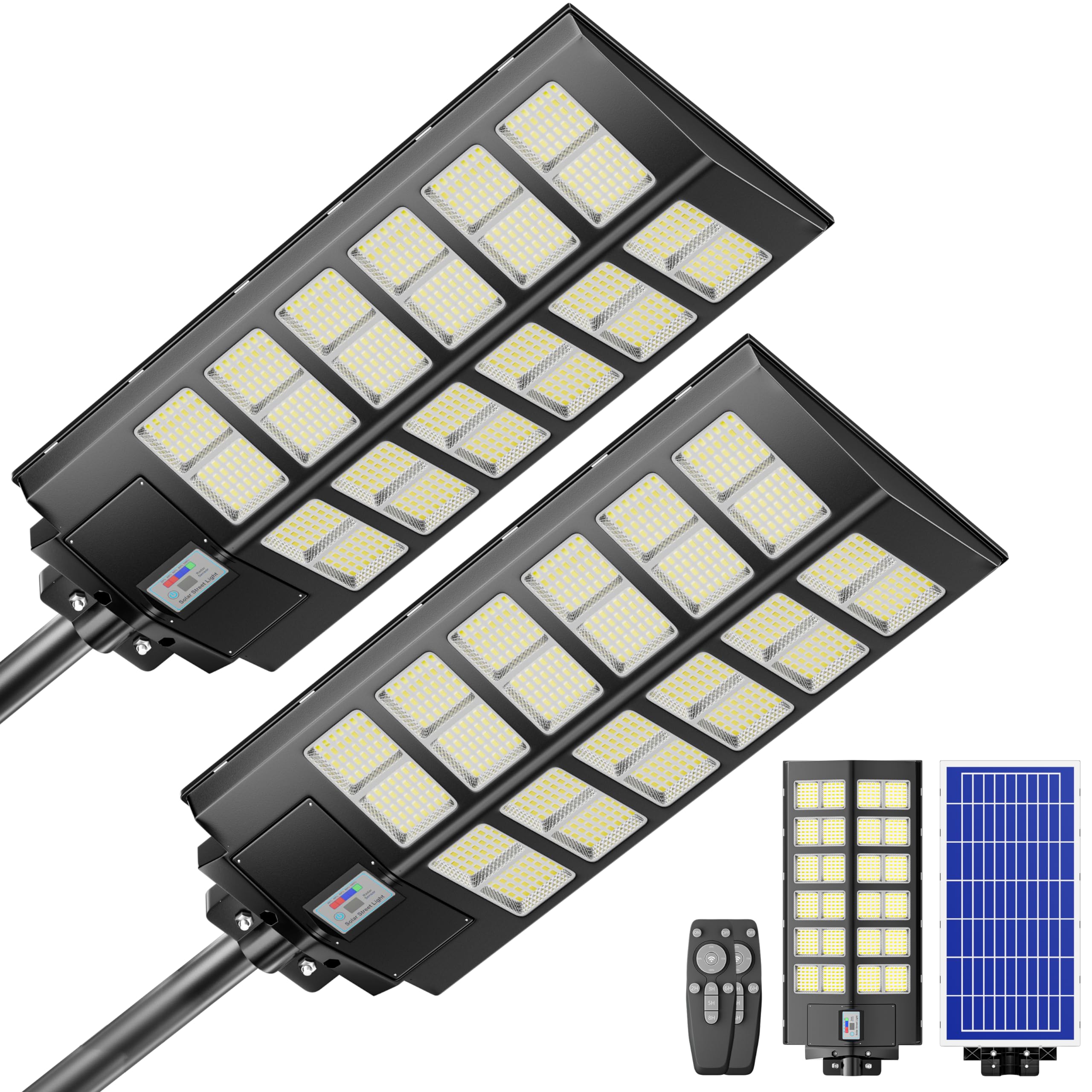 Vzyhik 5000W Solar Street Lights Outdoor,7000K 480000LM Outdoor LED Street Light Dusk to Dawn, LED Wide Angle Lamp with Motion Sensor and Remote Control, for Parking Lot, Yard, etc.2-Pack