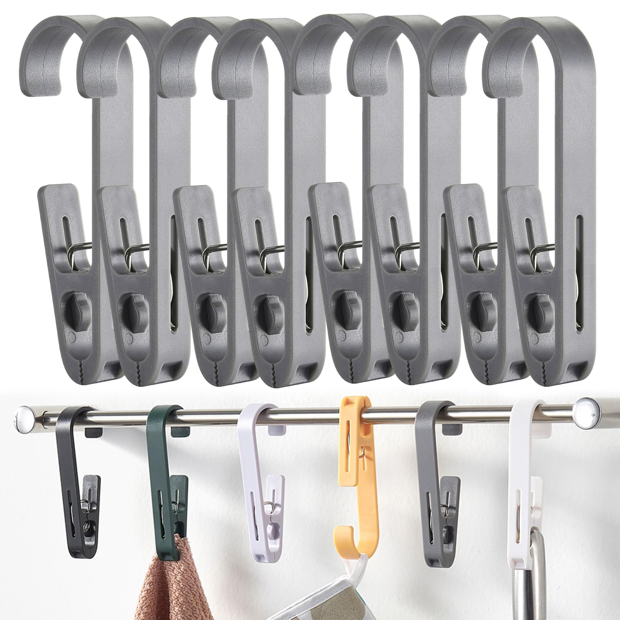 iBetterLife Clothes Pins Heavy Duty Outdoor - 8Pcs Large Laundry Hook Hangers with Clips Closet Organizer Clamps Hanging Socks Boot Bras Towels Shower Pegs for Bathroom Wardrobe Kitchen Office, Gray