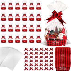 cholemy 72 pcs christmas gift baskets empty to fill kit diy basket for gifts empty bulk 24 market tray favor with handles 24 clear basket bags 24 bows for xmas holiday birthday(buffalo plaid)