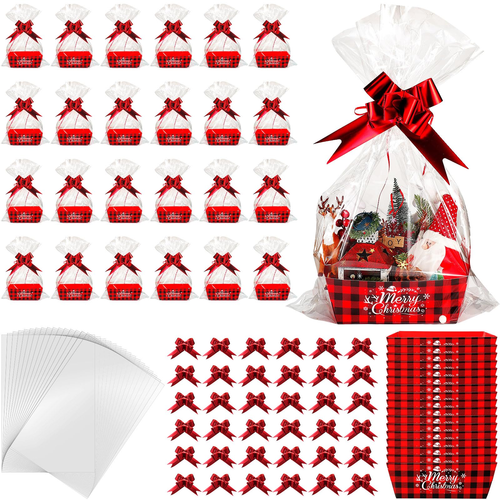 Cholemy 72 Pcs Christmas Gift Baskets Empty to Fill Kit DIY Basket for Gifts Empty Bulk 24 Market Tray Favor with Handles 24 Clear Basket Bags 24 Bows for Xmas Holiday Birthday(Buffalo Plaid)